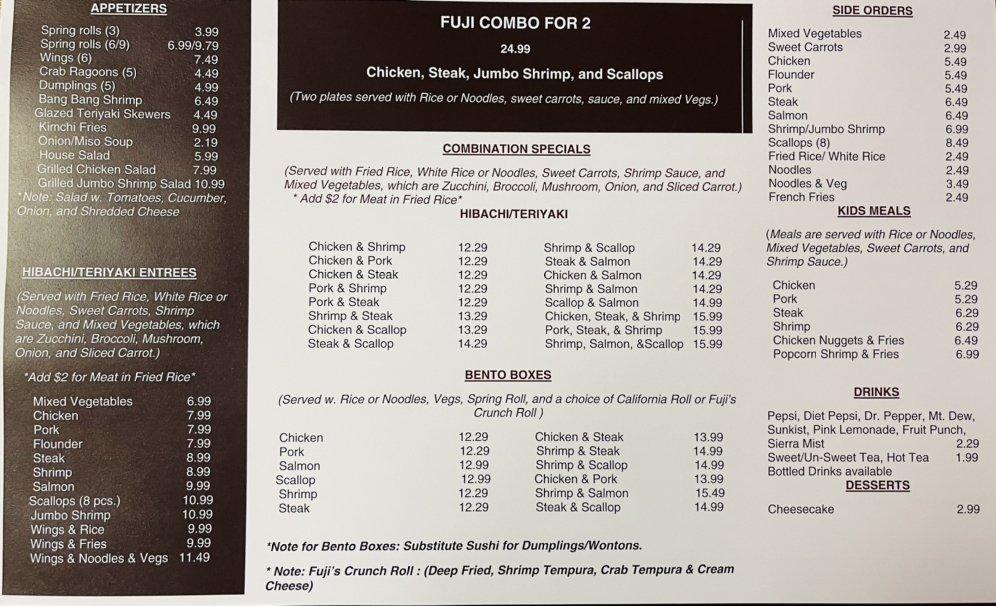 Menu at Little Fuji Restaurant, Laurinburg, 894 US-401
