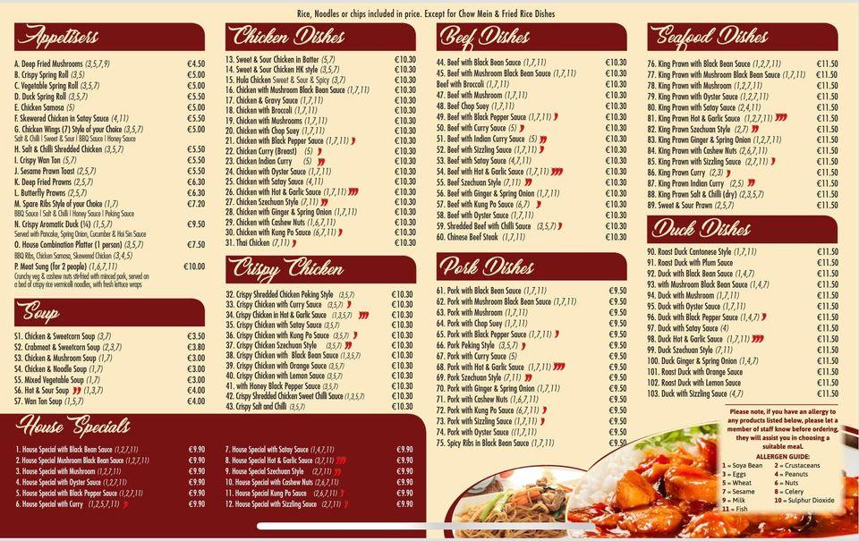 Menu at Pearls Chinese Restaurant, Clonmel