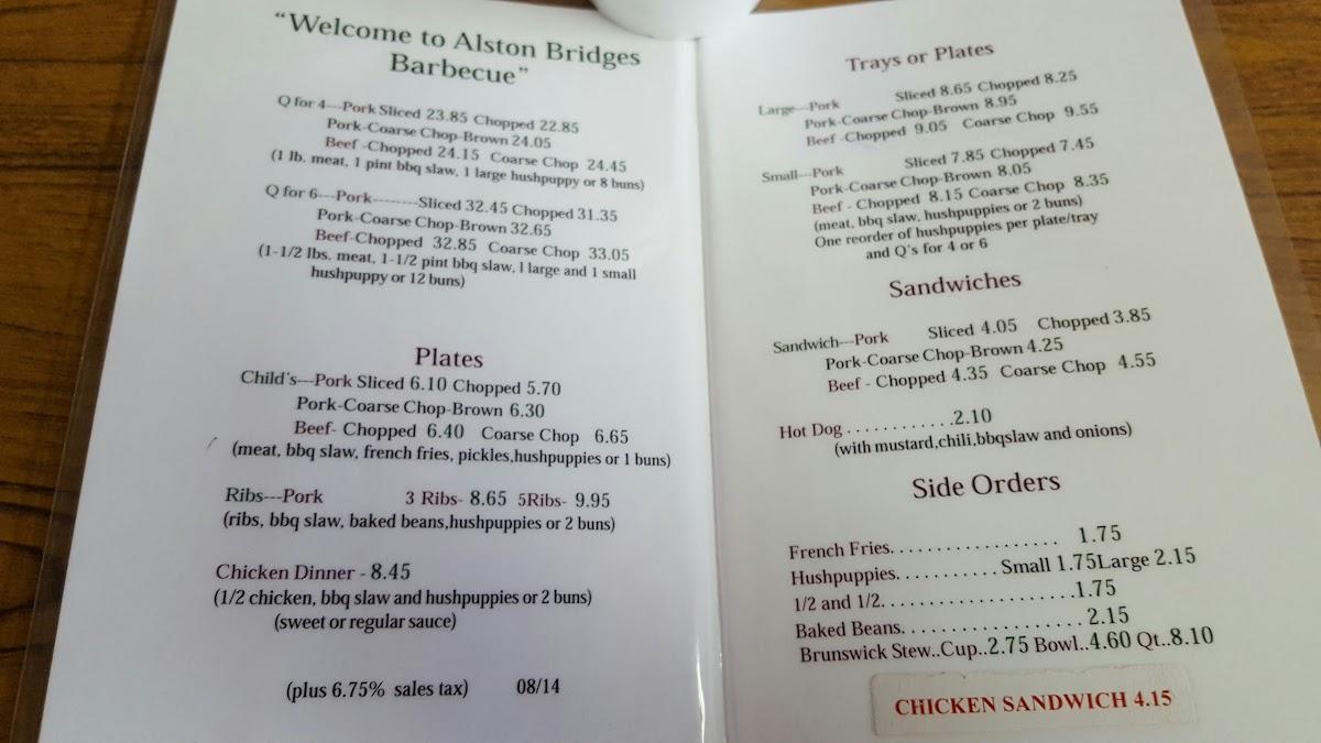 Menu at Alston Bridges Barbecue, Shelby