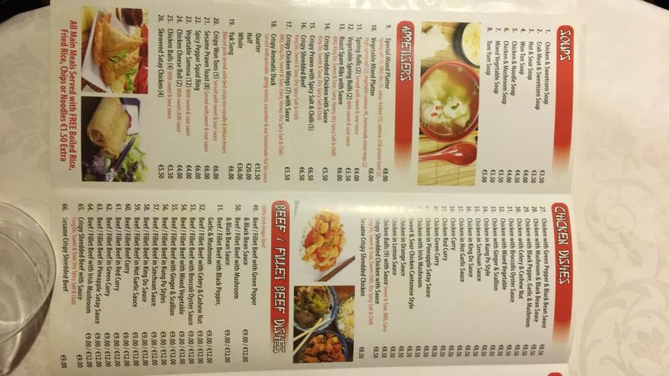 Menu at Ashford Oriental restaurant, Ireland, Main St