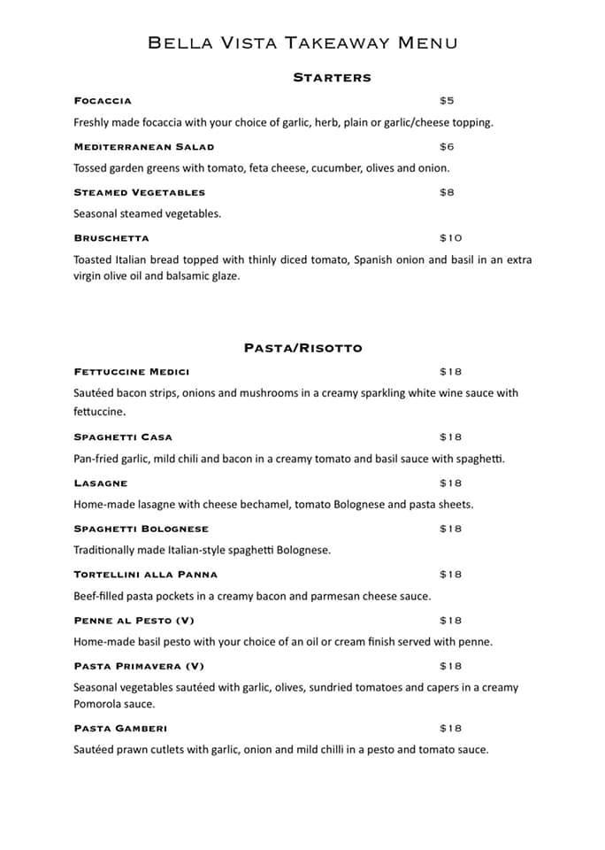 Menu at Bella Vista Restaurant, Belconnen