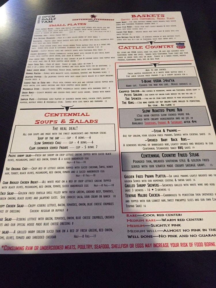 Menu at Centennial Steak House and Sports Bar, Springfield