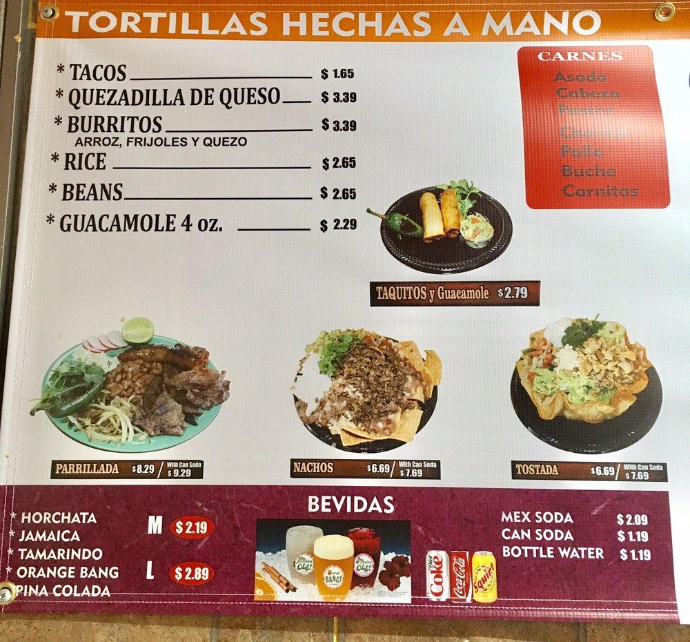 Menu at Daniel's Tacos restaurant, Los Angeles, Cahuenga Blvd