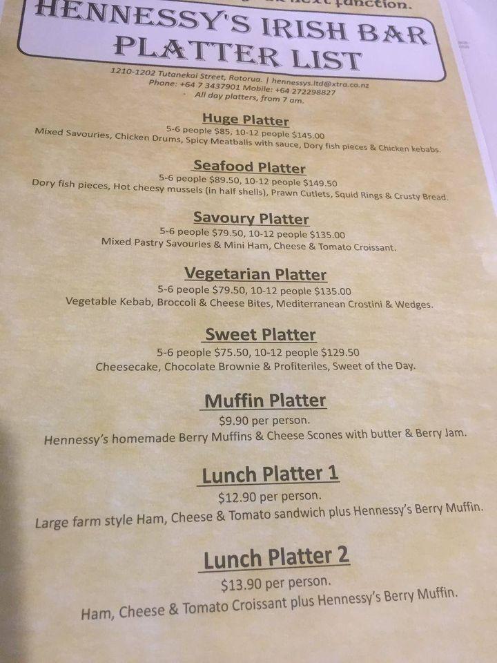 Menu at Hennessy's Irish Bar, Rotorua