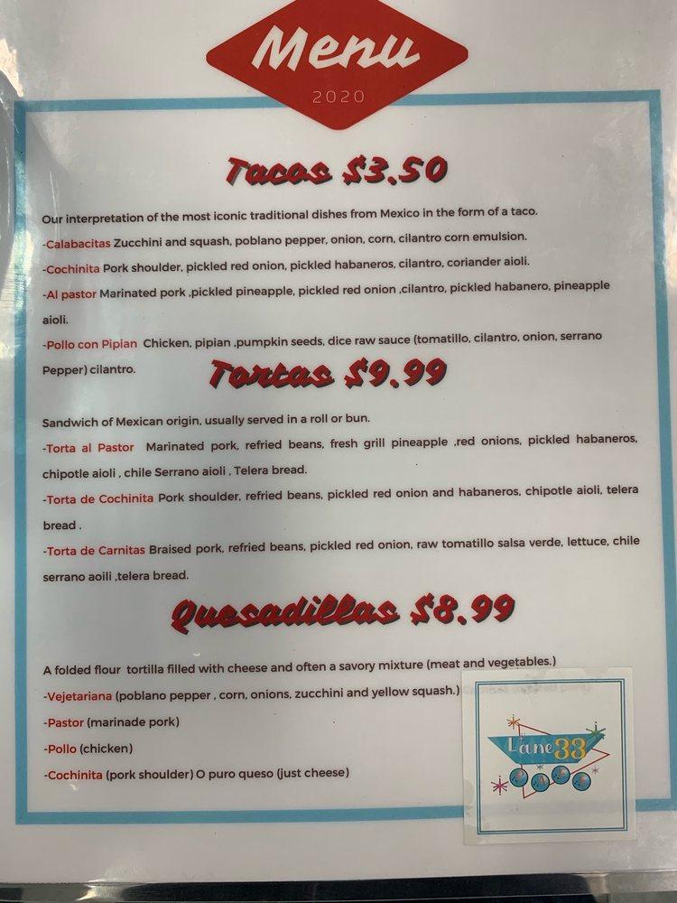 Menu at Lane 33 Cafe, Napa