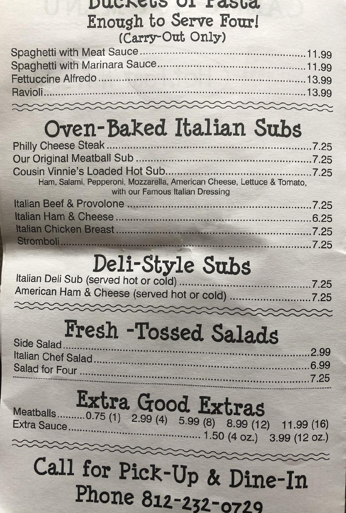 Menu at The Original Spaghetti & Sub House restaurant, Terre Haute