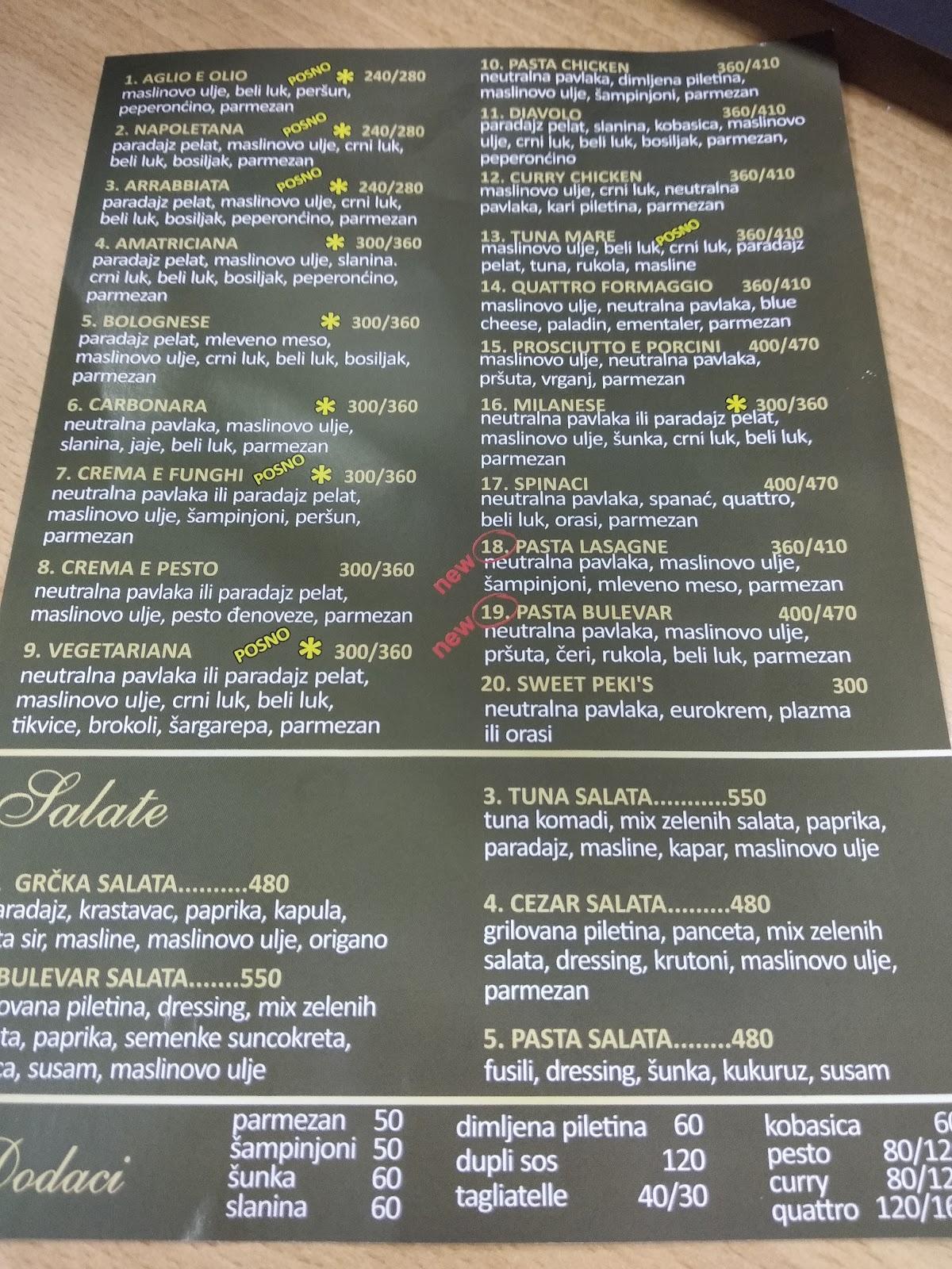 Menu at Pasta Bar Bulevar, Belgrade, Bulevar kralja Aleksandra 144