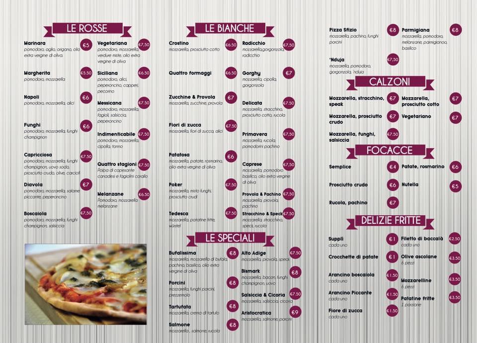 Menu at Pizza Sfizio restaurant, Rome, Via Giulio Aristide Sartorio
