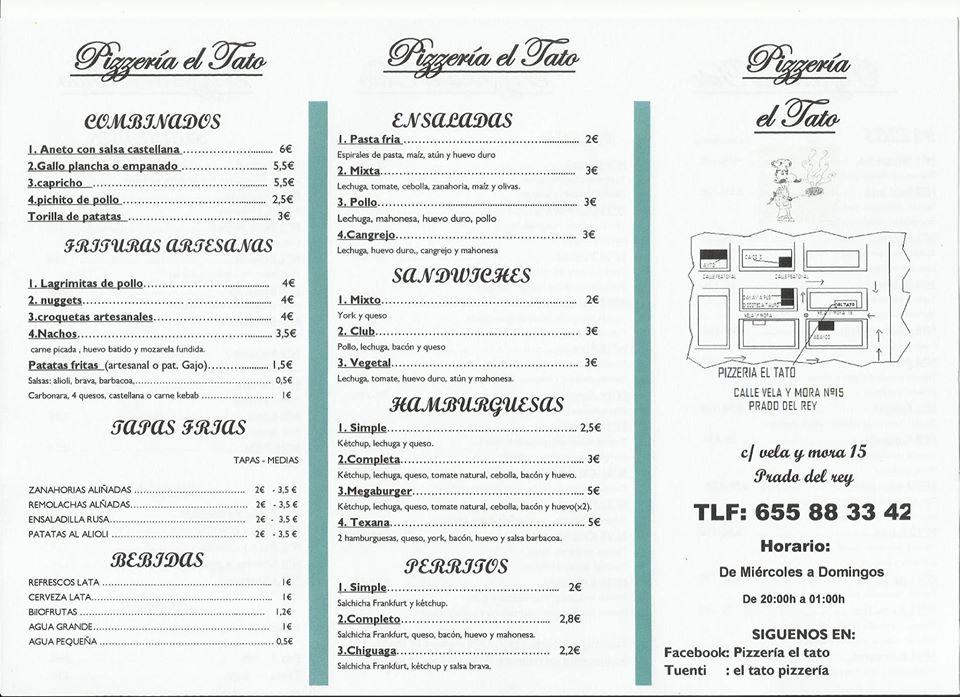 Menu at Pizzeria el tato, Prado del Rey