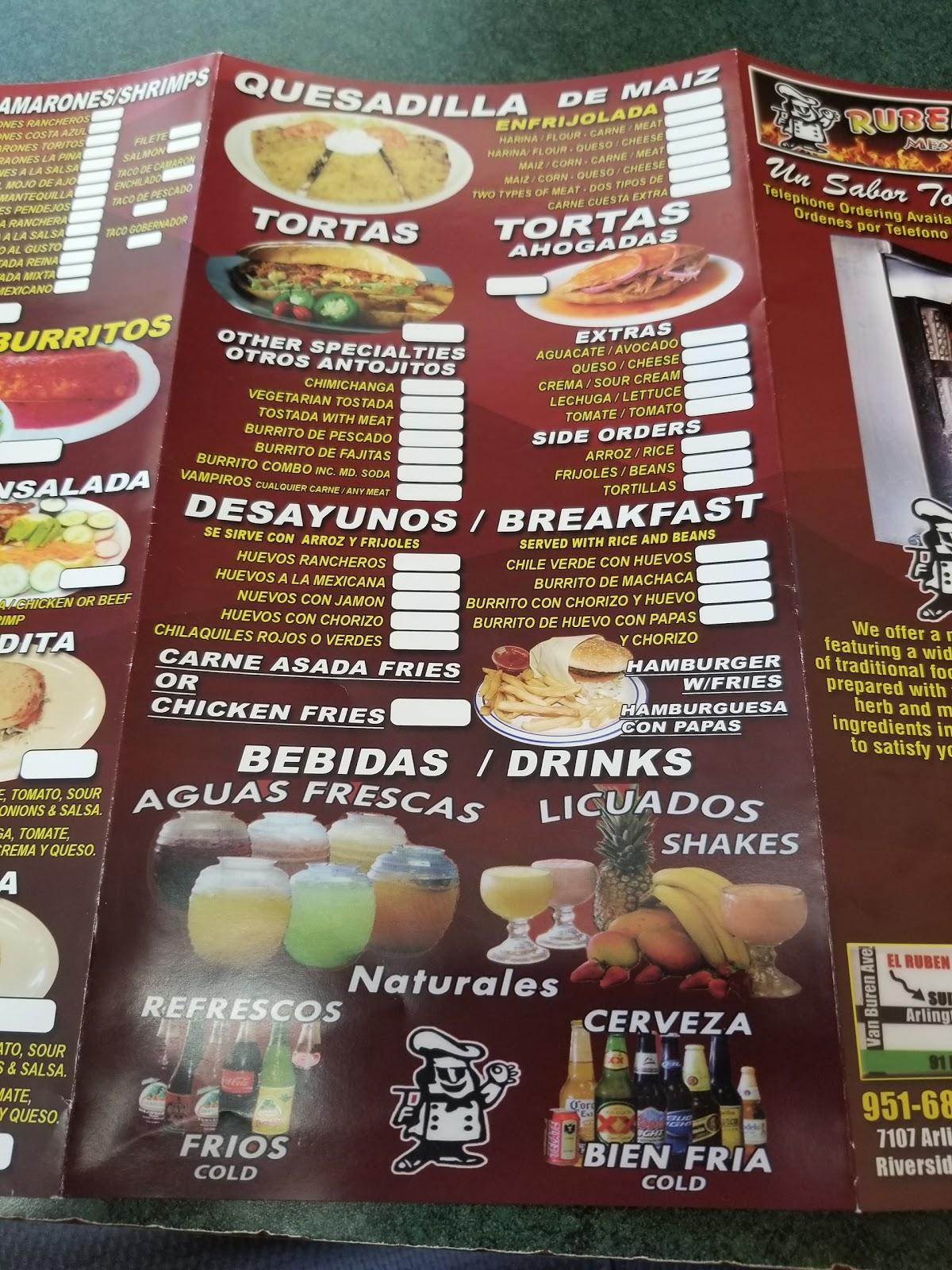 Menu at Ruben's Tacos restaurant, Riverside