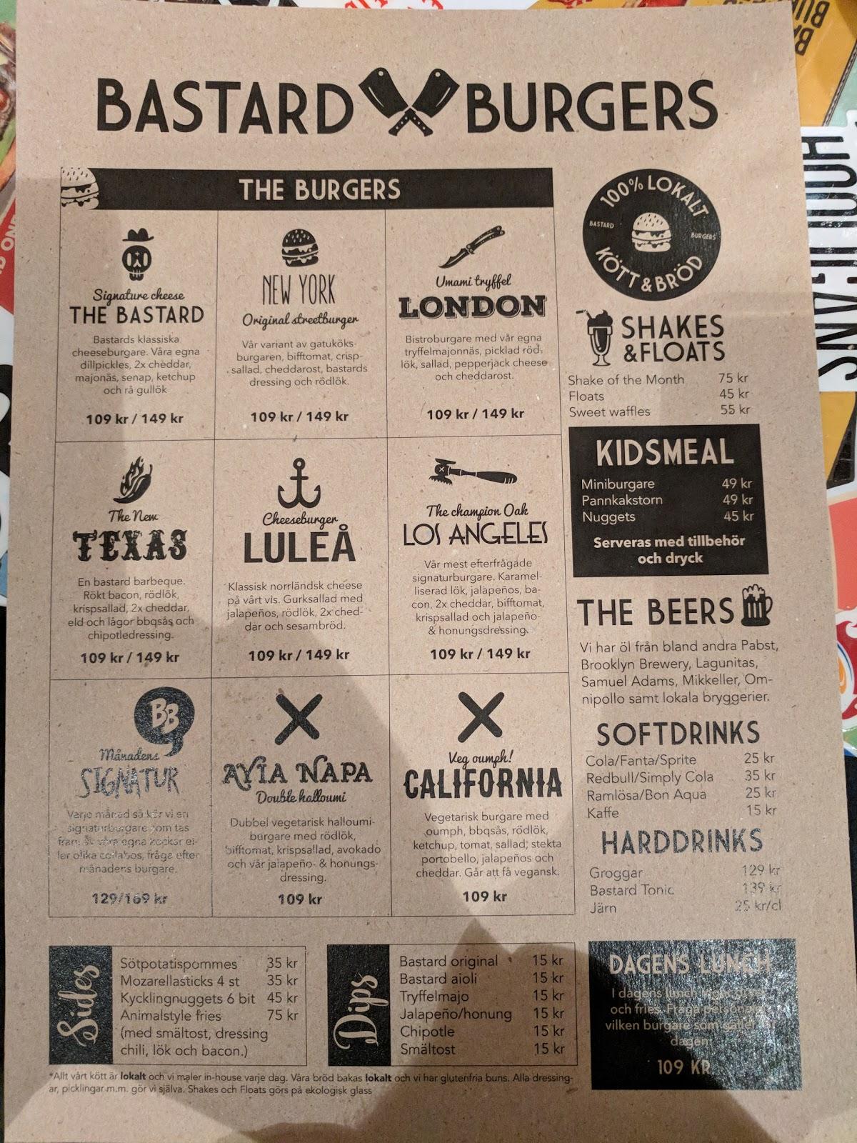 Menu at Bastard Burgers restaurant, Piteå