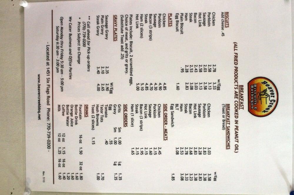 Menu at Beaver Creek Biscuit Company and Barbecue, Lithia Springs