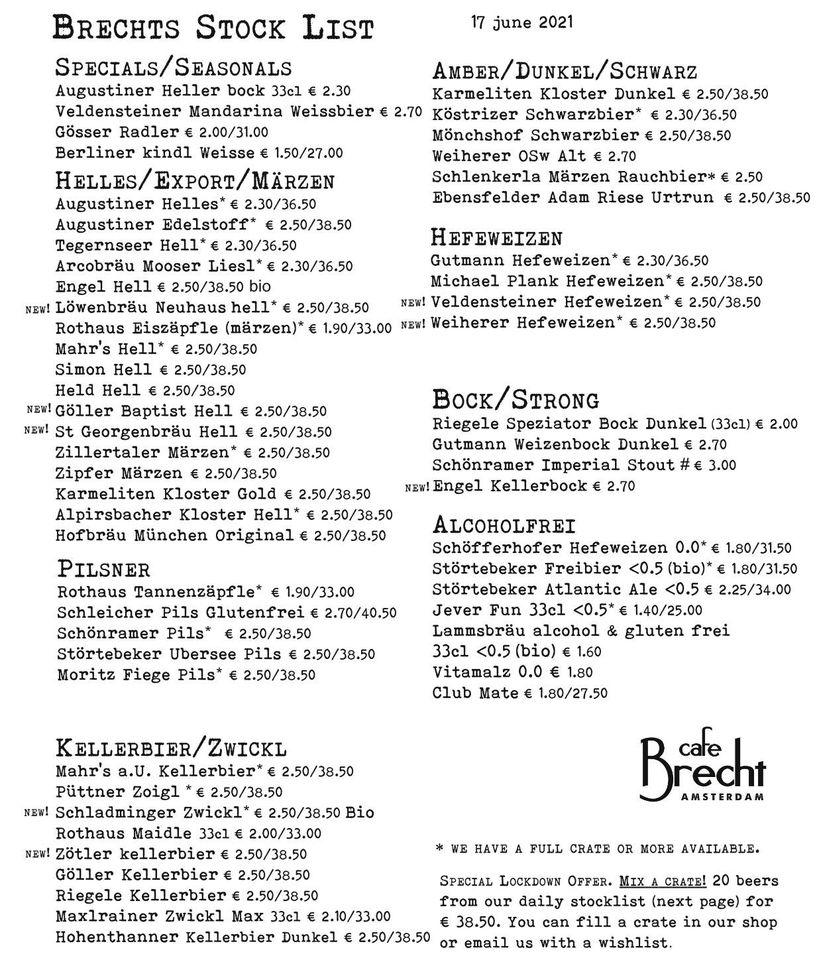 Menu at Café Brecht, Amsterdam, Weteringschans 157