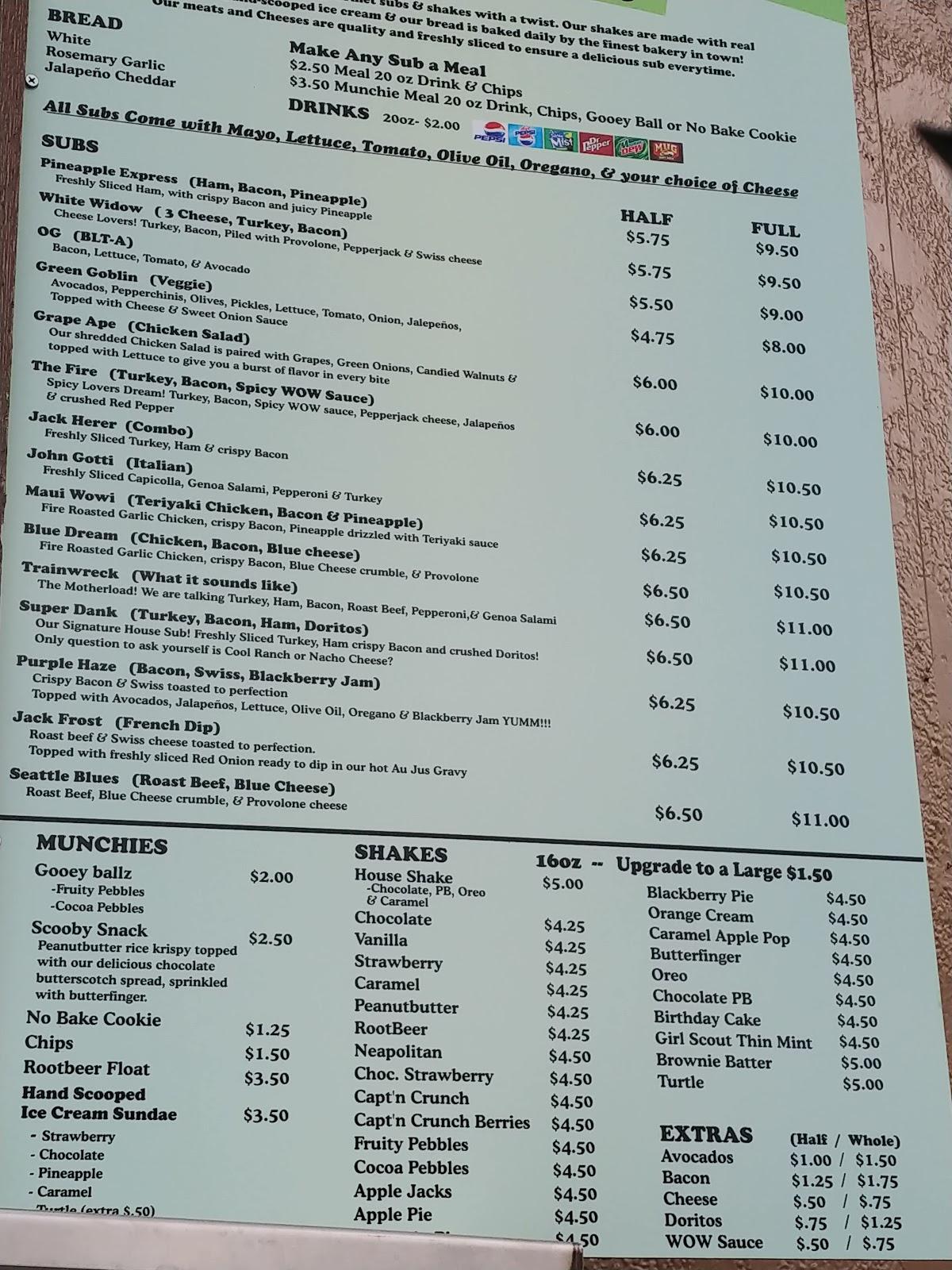 Carta del restaurante Canna Cabana Subs & Shakes, Lacey