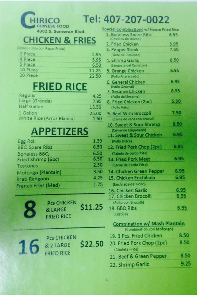 Menu at Chirico Fast Food, Orlando