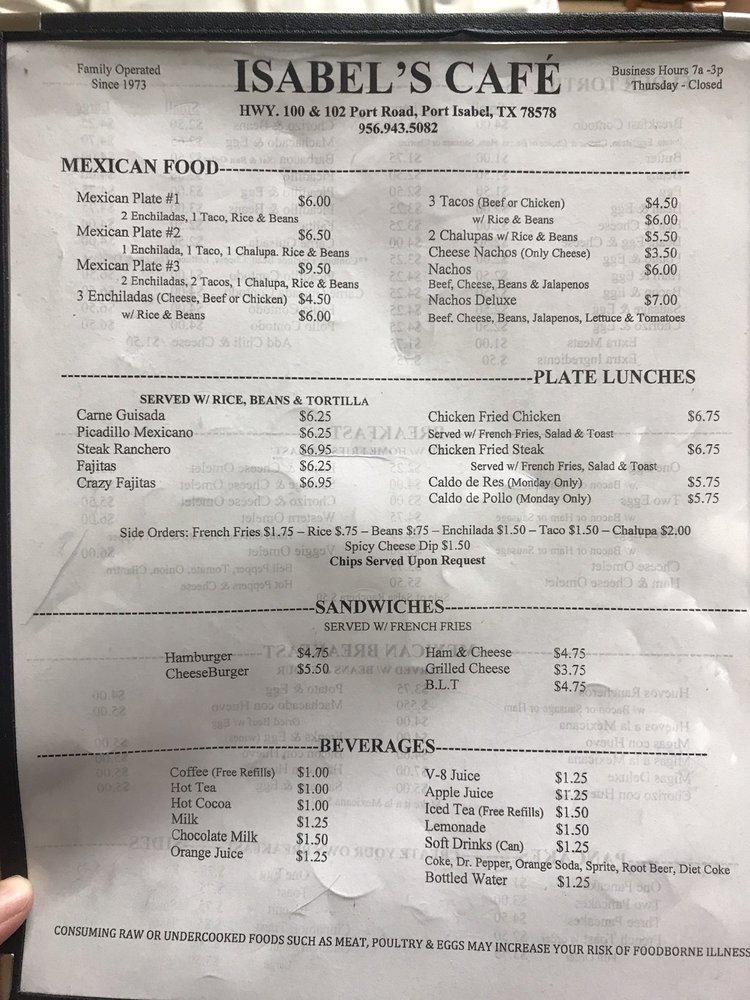Menu at Isabel's Cafe, Port Isabel