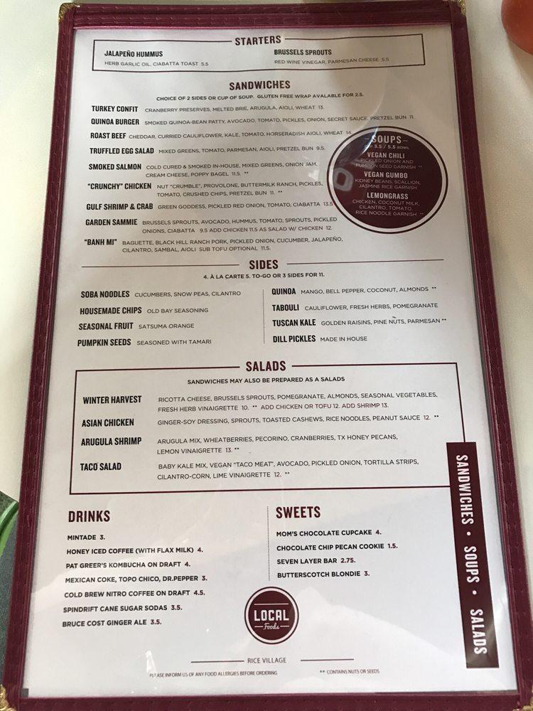 Menu at Local Foods - Rice Village restaurant, Houston