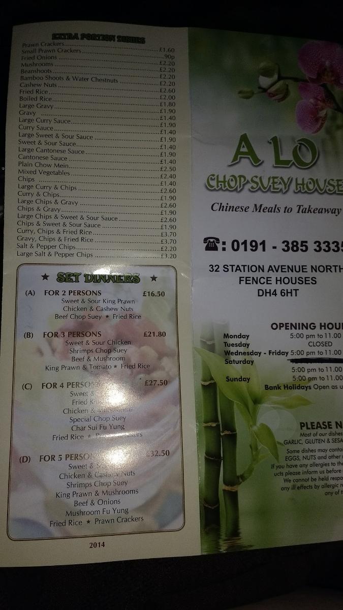Menu at A Lo chop suey house fast food, Houghton le Spring