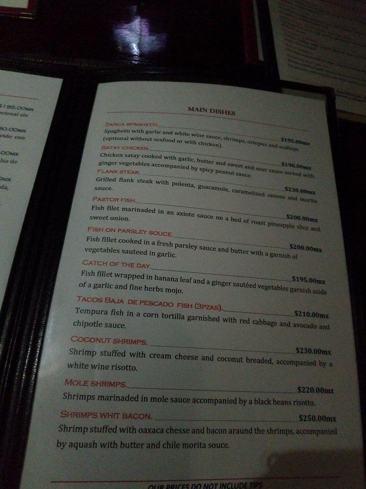 Menu at Casa Bahia restaurant, Zihuatanejo