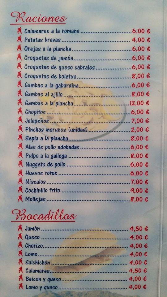 Carta del pub y bar El Baila, Mombeltrán
