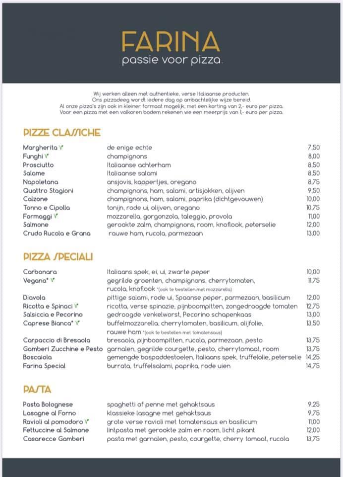 Menu at Farina Pizza, Leiden