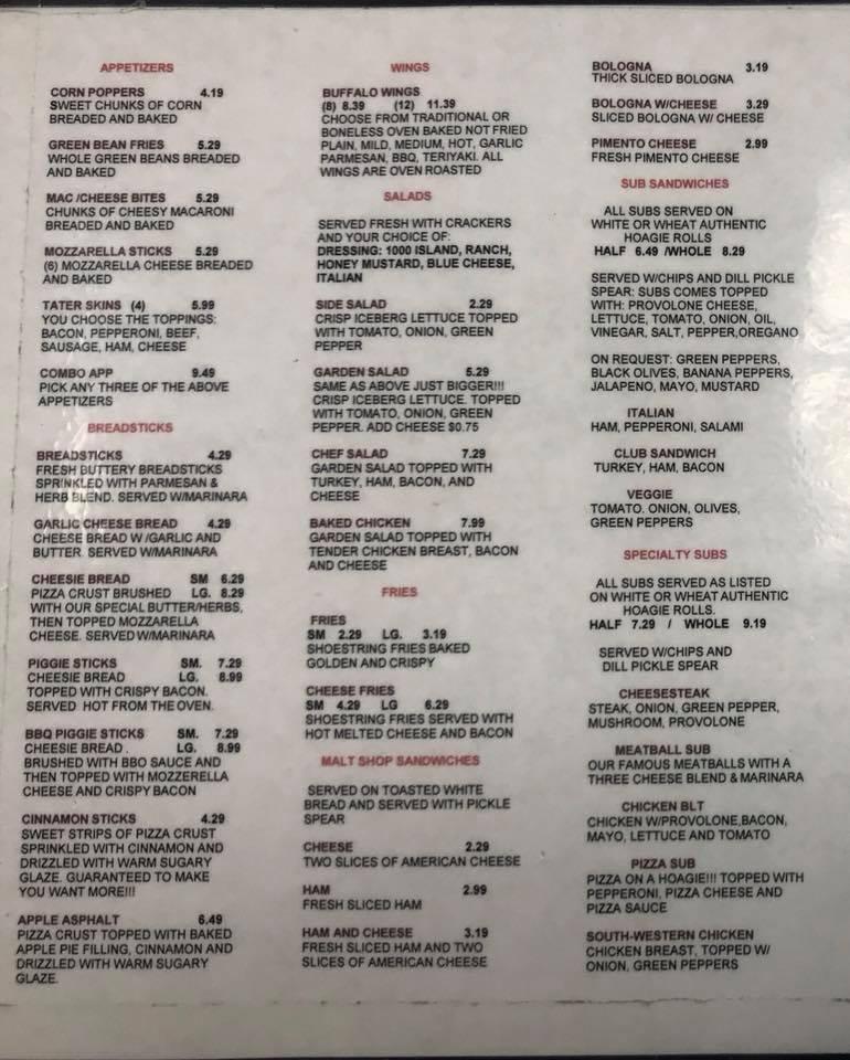 Menu at Pop Pops Pizza pizzeria, Clover