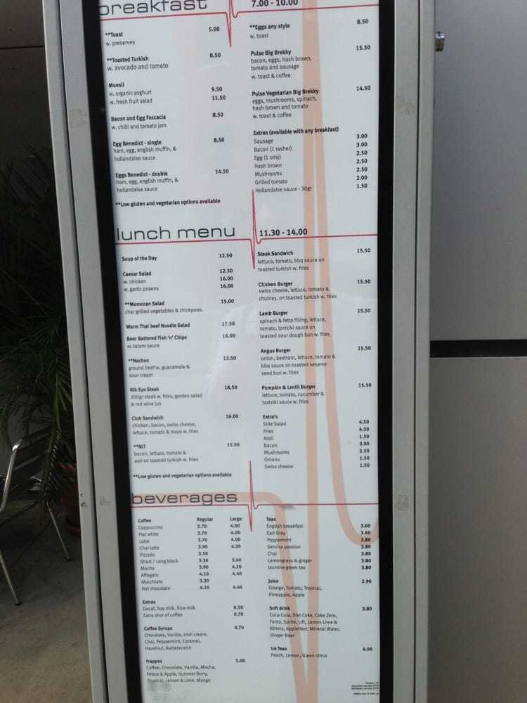 Menu at Pulse Cafe, Herston