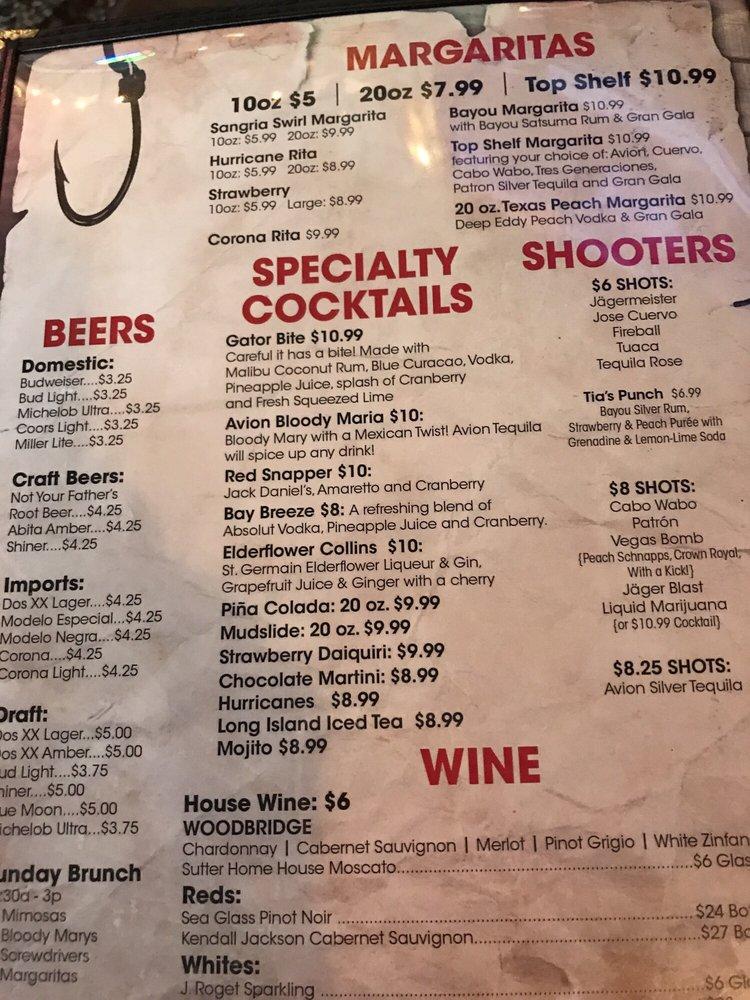 Menu at Tia Juanita's Fish Camp restaurant, Lumberton