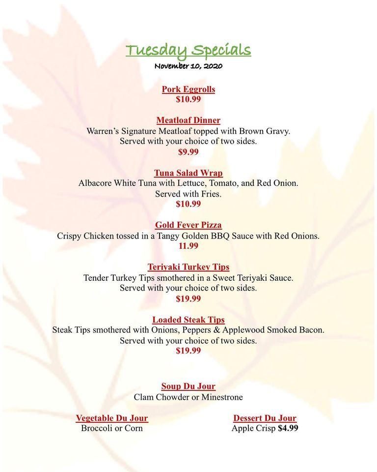 Menu at Warren's Place pizzeria, Weymouth