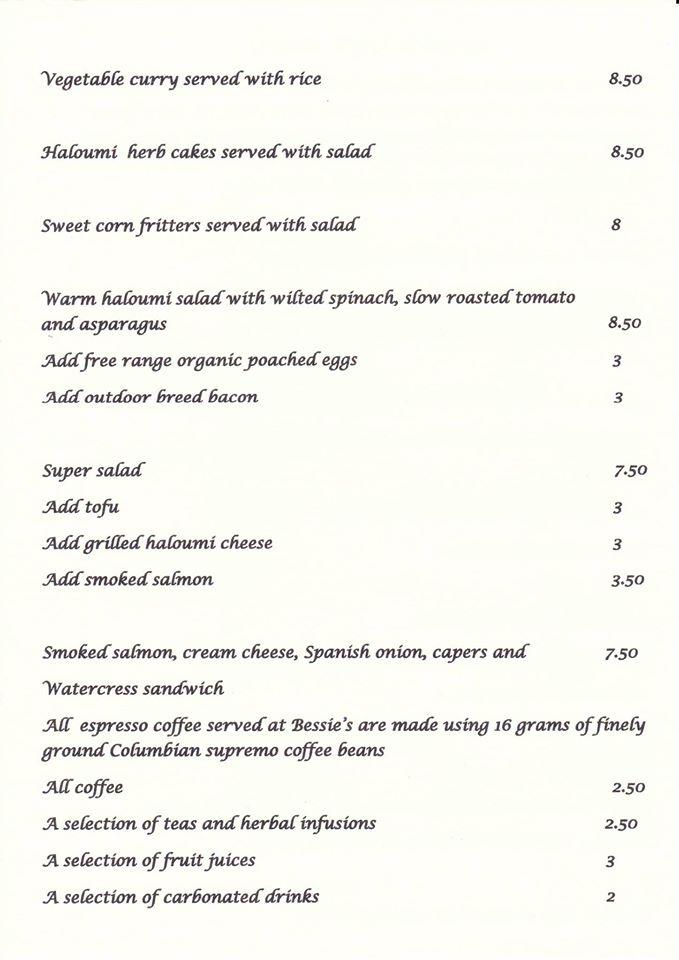 Menu at Bessie's Cafe, Culross