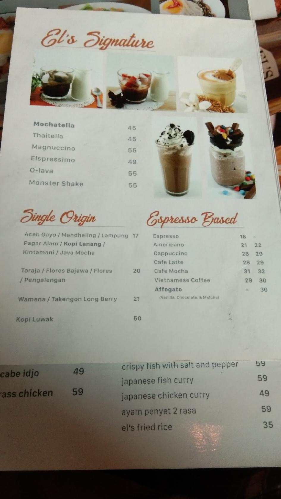 Menu at EL'S Coffee Bar Boemi Kedaton Mall, Bandar Lampung