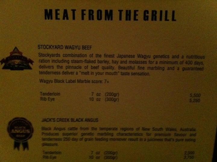 Menu at Fireplace restaurant, Bangkok