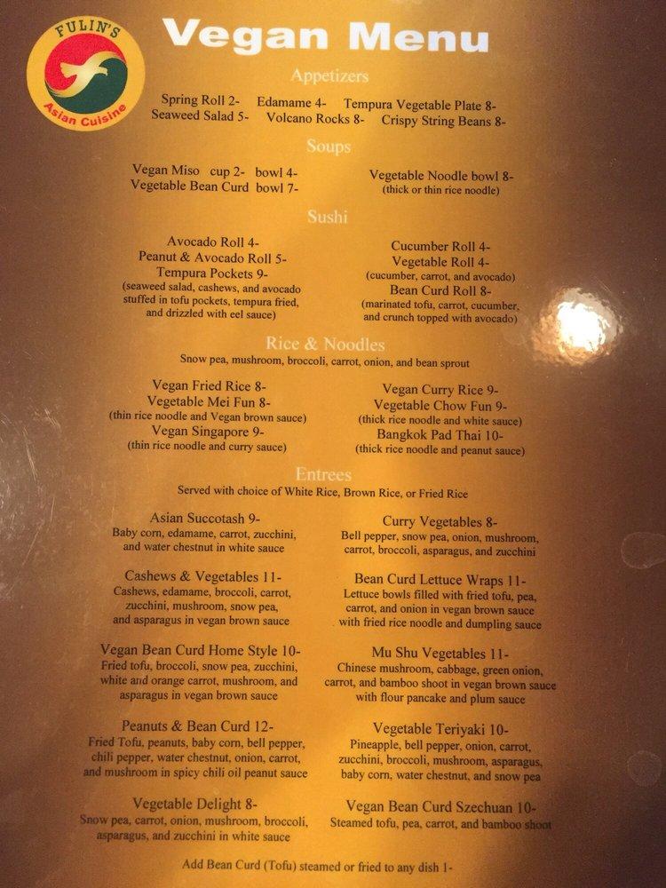Menu at Fulin's Asian Cuisine restaurant, Cleveland