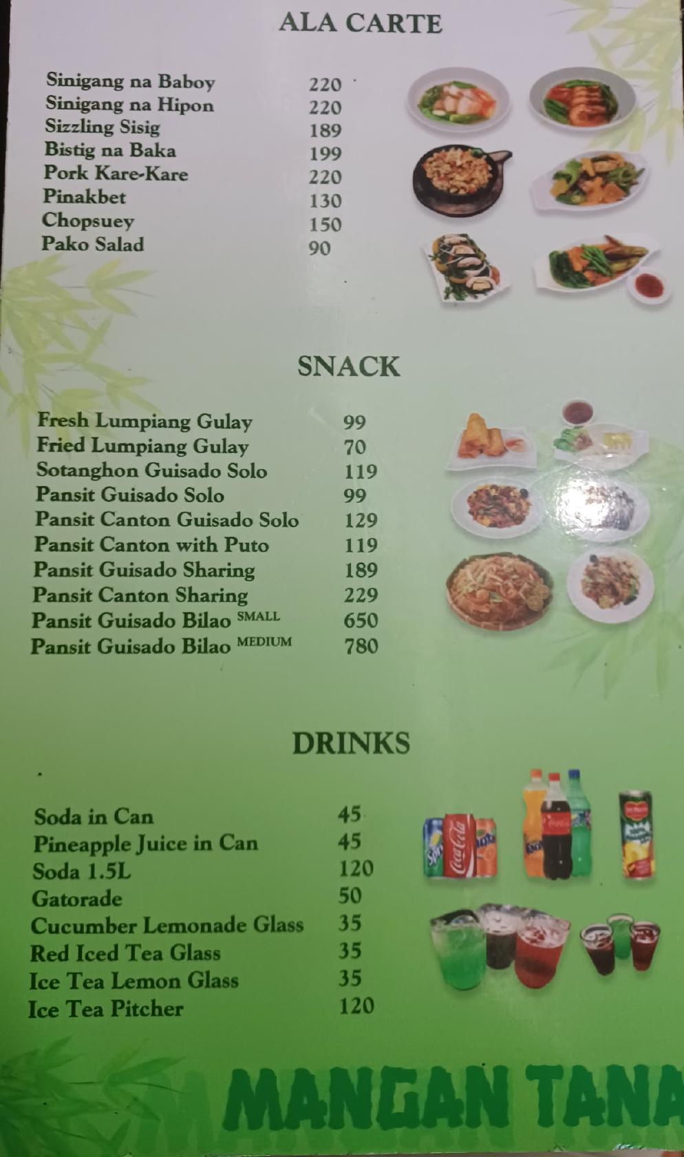 Carta del restaurante Mangan Tana, Mexico