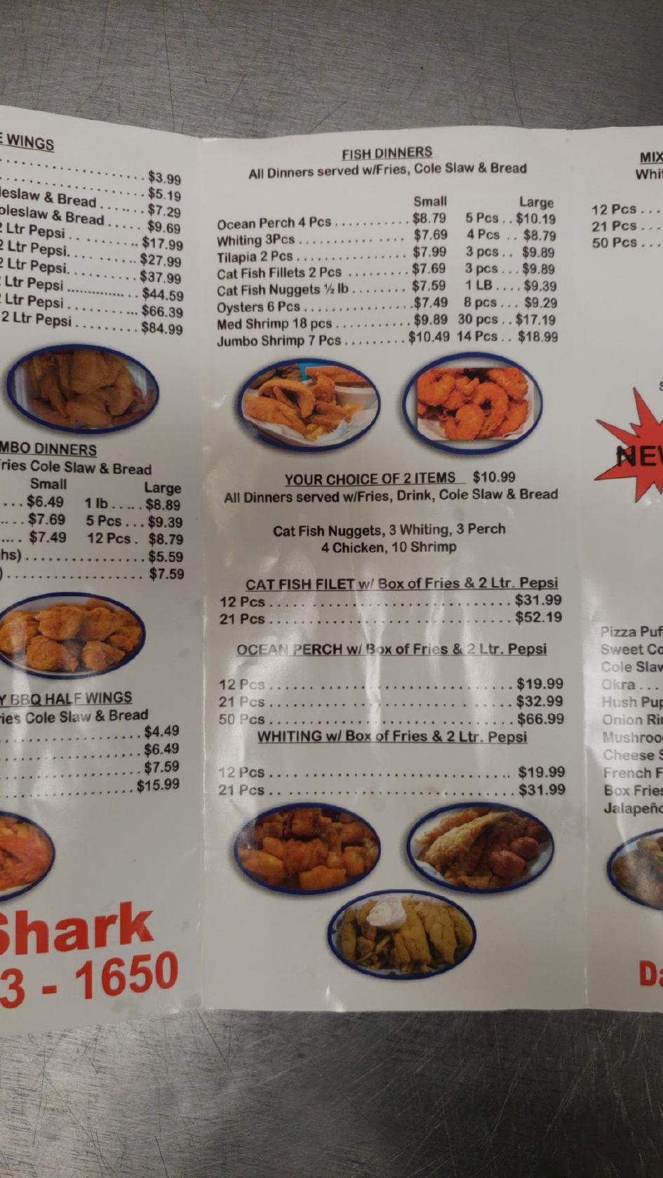 Menu at The Shark restaurant, Indianapolis