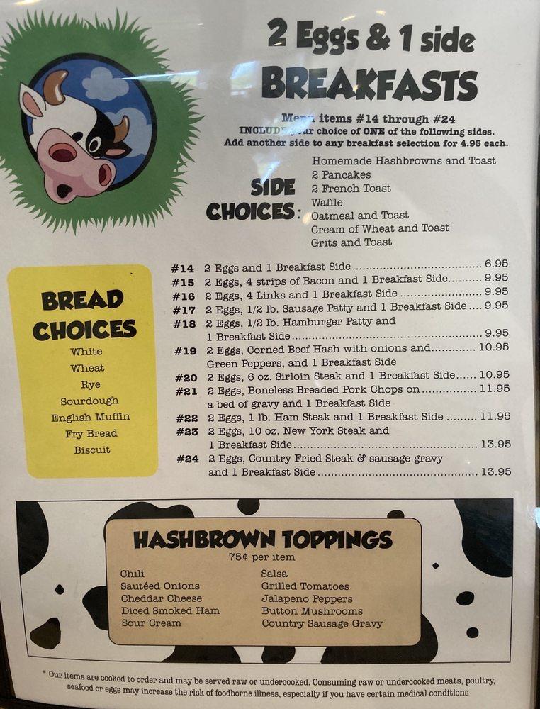 Menu at Tippy cow cafe, Billings