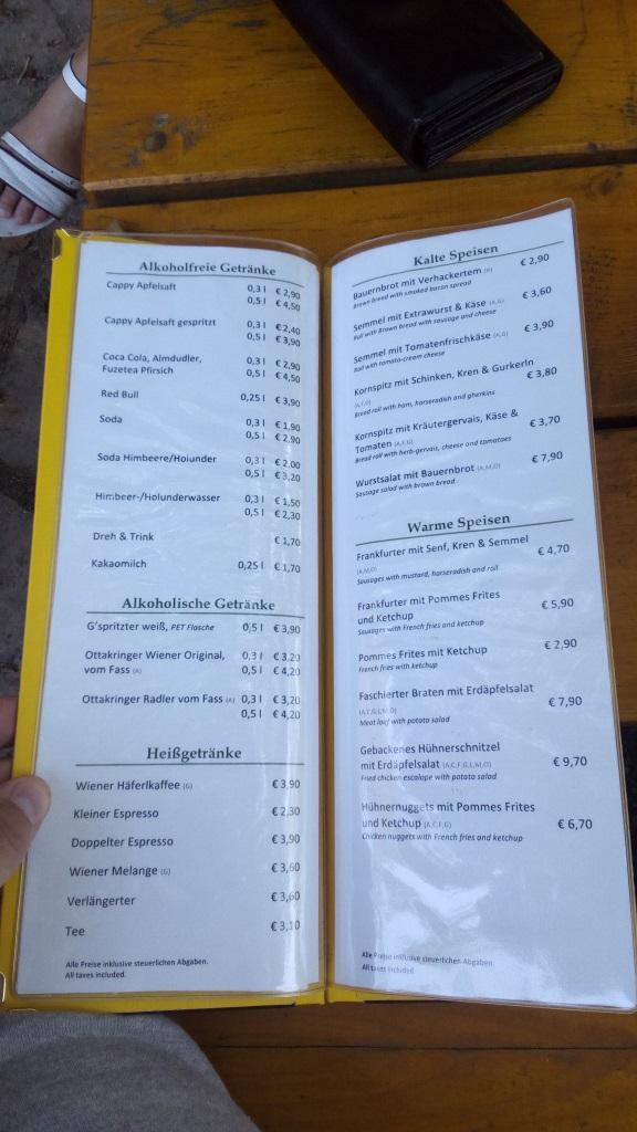 Menu at Biergarten pub & bar, Vienna, Tiergarten Schönbrunn