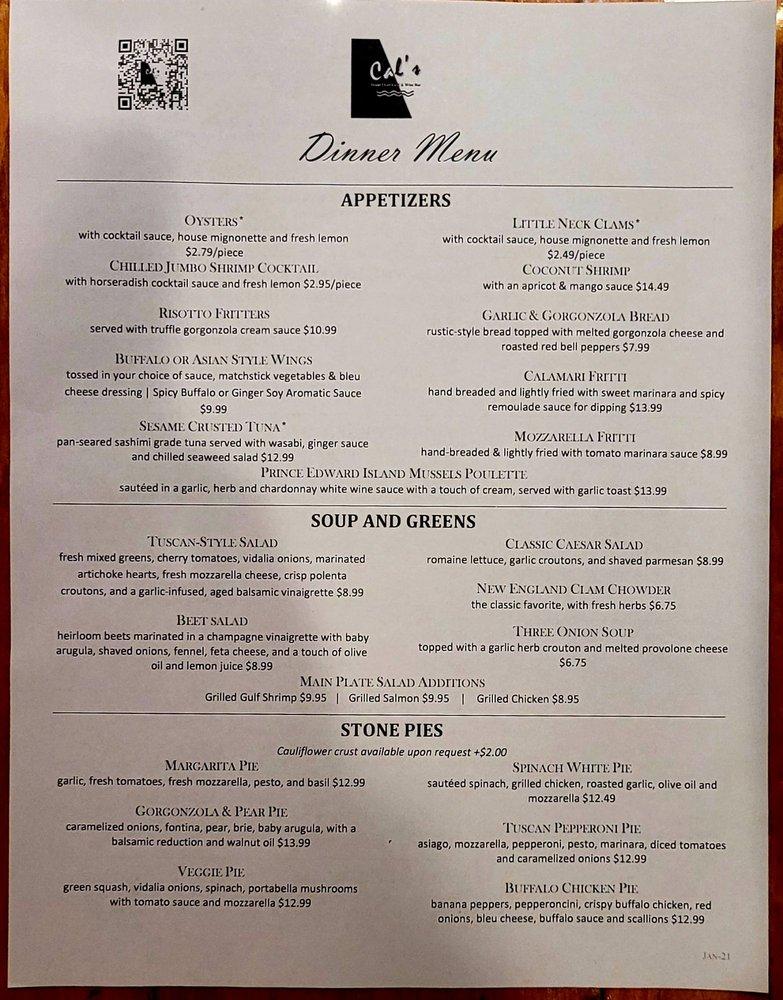 Menu at Cal's Wood Fired Grill and Bar, West Springfield