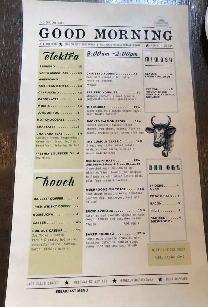 Menu at Curious Cafe, Kelowna