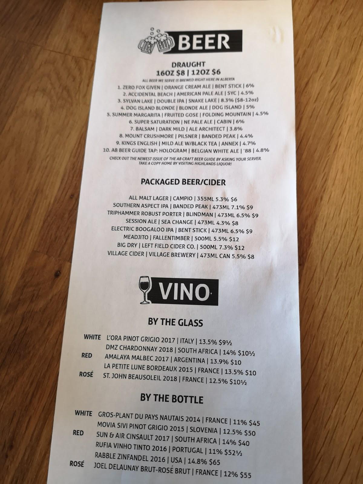 Menu at Fox Burger restaurant, Edmonton
