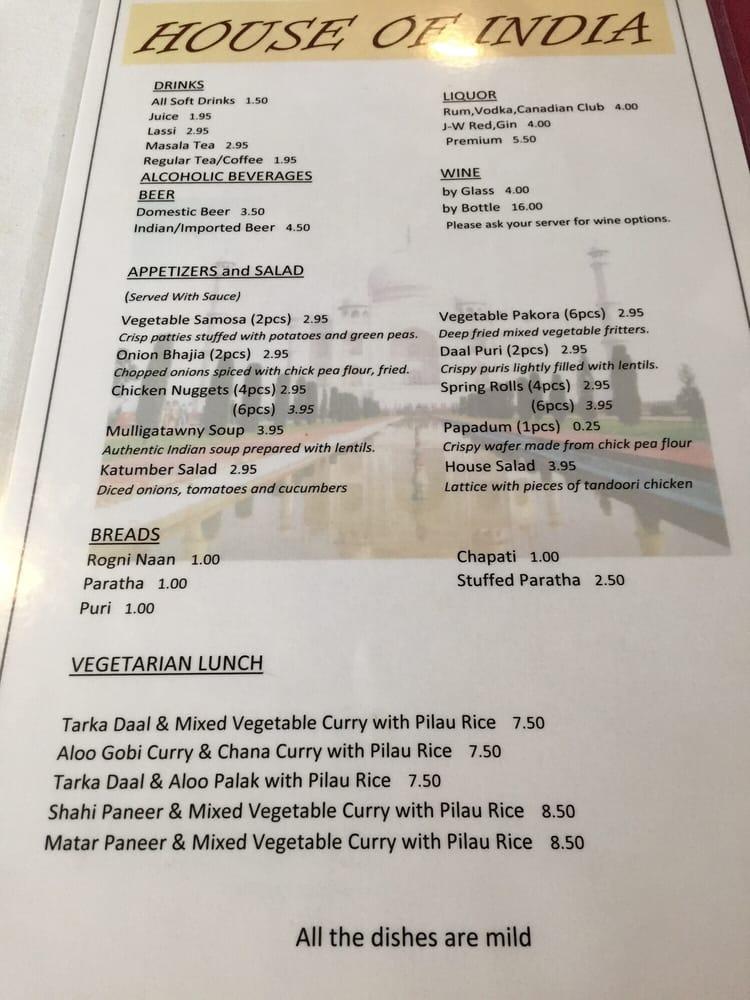 Menu at House of India restaurant, Windsor