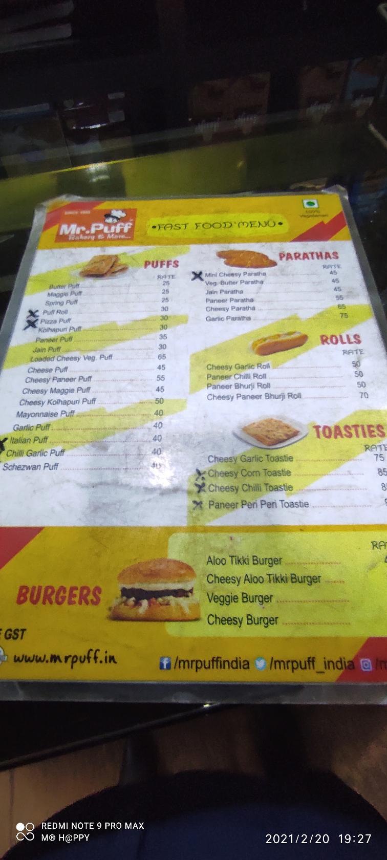 Menu at Mr Puff, Godhra
