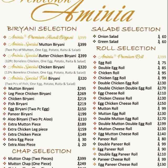 Menu at New Town Aminia, Thakdari