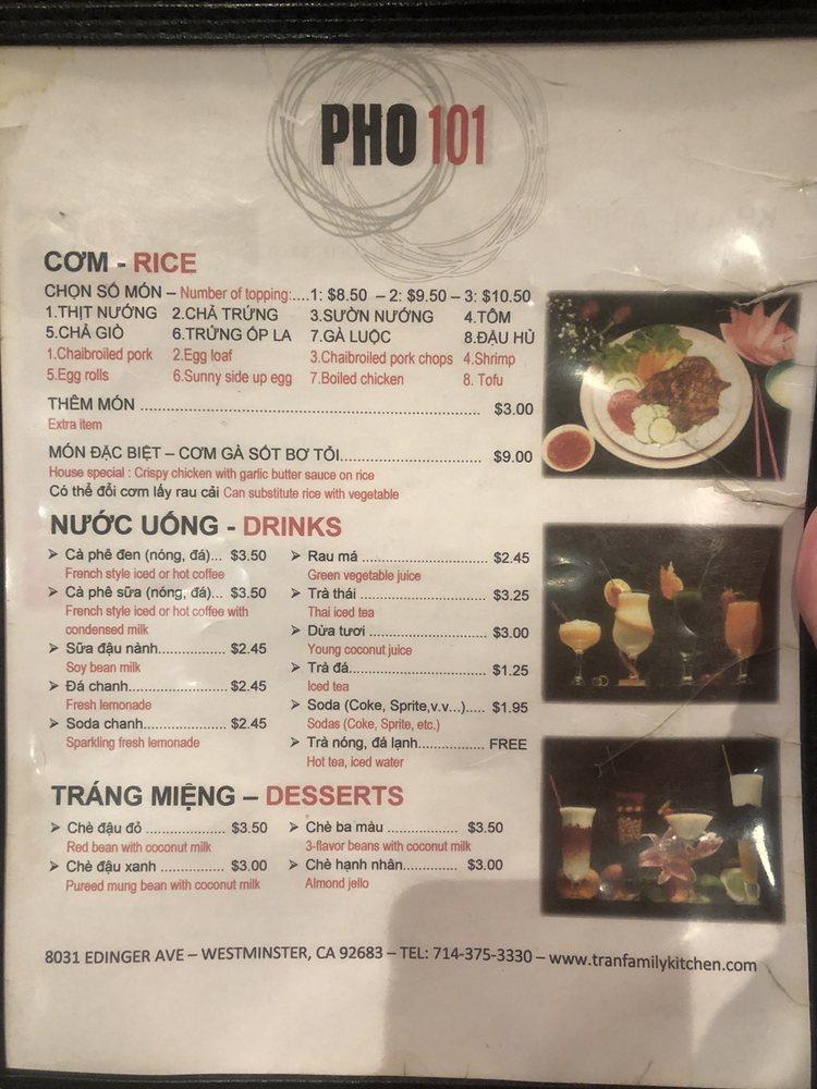 Menu at Pho 101 restaurant, Westminster, Edinger Ave