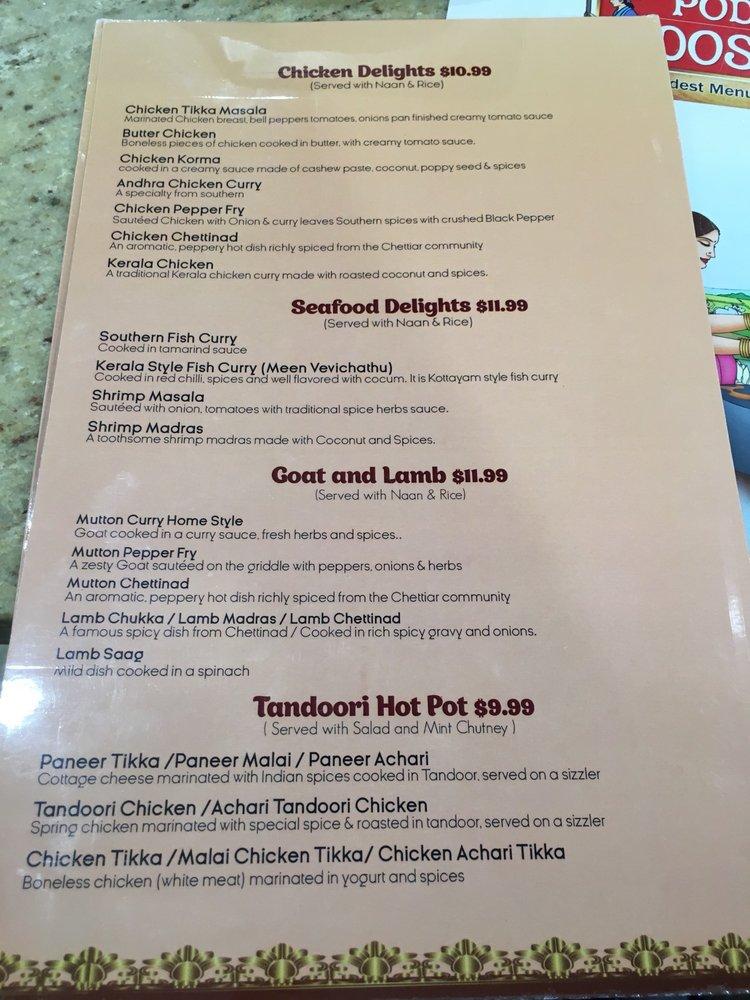 Menu at Podi dosa restaurant, Artesia