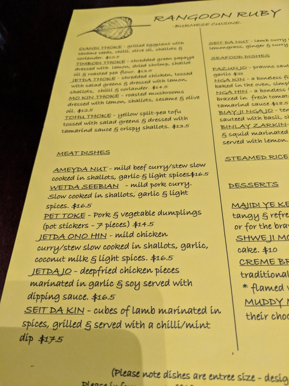 Menu at Rangoon Ruby Christchurch New Zealand restaurant, Christchurch
