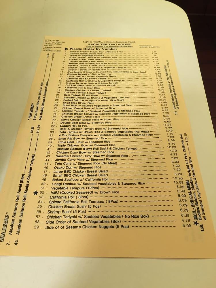 Menu at Sachi Teriyaki House restaurant, Los Angeles