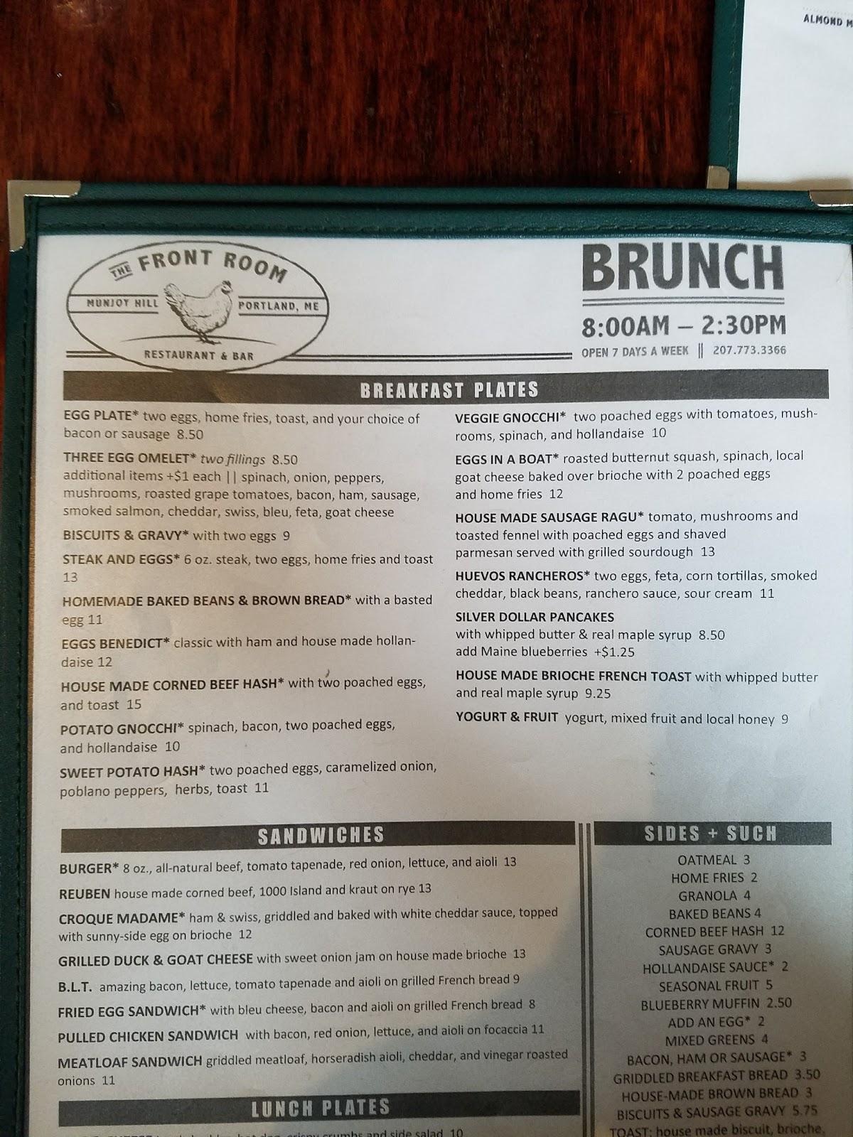 Menu at The Front Room restaurant, Portland