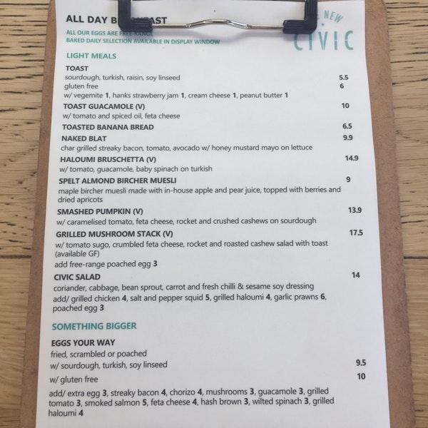 Menu at The New Civic cafe, Belrose, t30/56-58 Glen St