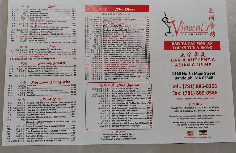 Menu at Vincent's Asian Bistro Bar, Randolph